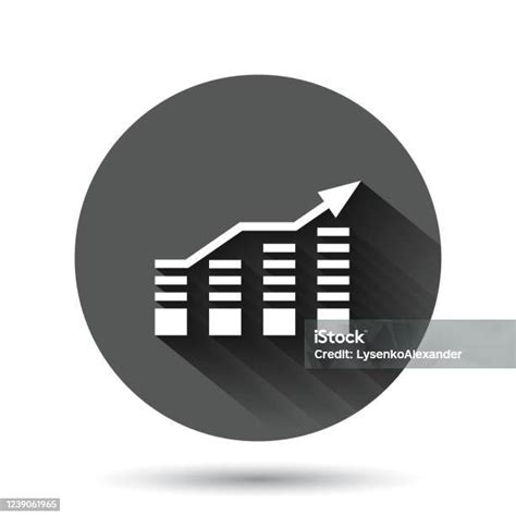 플랫 스타일의 차트 그래프 아이콘입니다 화살표는 긴 그림자 효과와 검은 색 둥근 배경에 벡터 그림자를 성장 분석 원 버튼 비즈니스 개념입니다 Launch Party에 대한