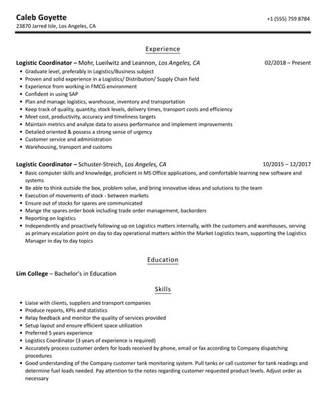 Logistic Coordinator Resume Samples Velvet Jobs