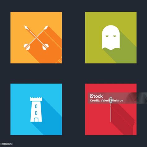 세트 중세 교차 화살표 집행자 마스크 성 타워와 체인 메이스 볼 아이콘 벡터 0명에 대한 스톡 벡터 아트 및 기타 이미지 0