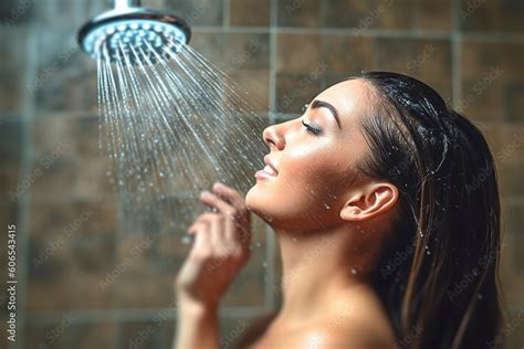 A Young Woman Indulges In A Refreshing Shower Allowing The Cascading