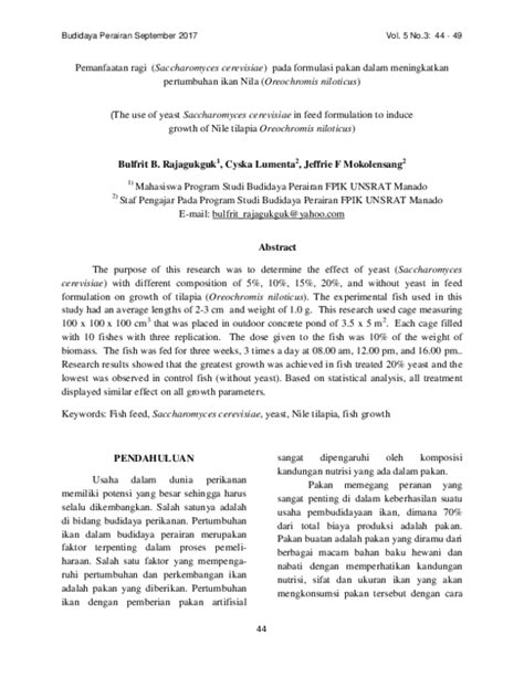 Pdf Pemanfaatan Ragi Saccharomyces Cerevisiae Pada Formulasi Pakan Dalam Meningkatkan
