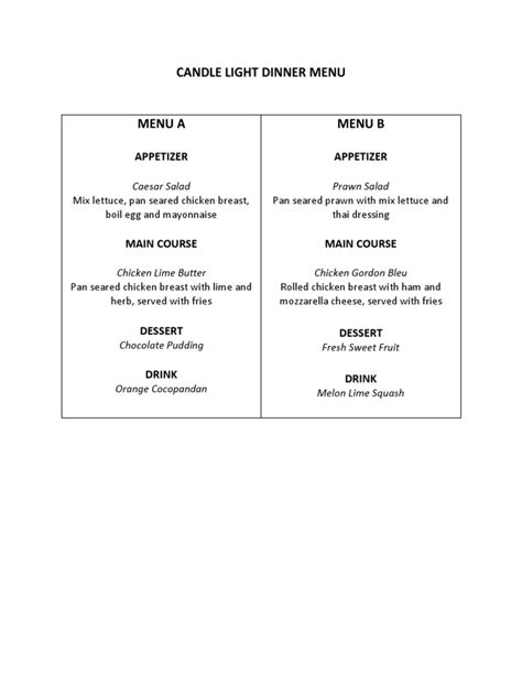 Candle Light Dinner Menu Pdf