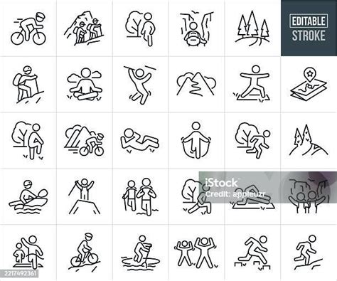 야외 운동 얇은 선 아이콘 편집 가능한 스트로크 아이콘에는 사람 사이클링 하이킹 산책 등산 명상 장애물 코스 요가 외부 운동 스트레칭 점프 로핑 달리기 산악 자전거 점프