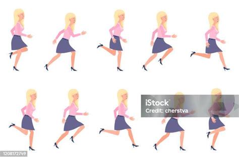 젊은 성인 금발의 여자 실행 시퀀스 포즈 벡터 일러스트 레이 션입니다 빠른 앞으로 이동 서둘러 흰색에 설정 된 여성 사람 만화 캐릭터를 돌진 달리기에 대한 스톡 벡터 아트