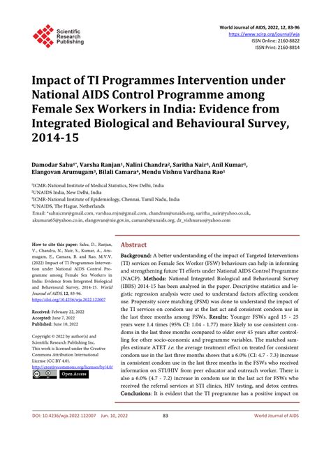 PDF Impact Of TI Programmes Intervention Under National AIDS Control Programme Among Female