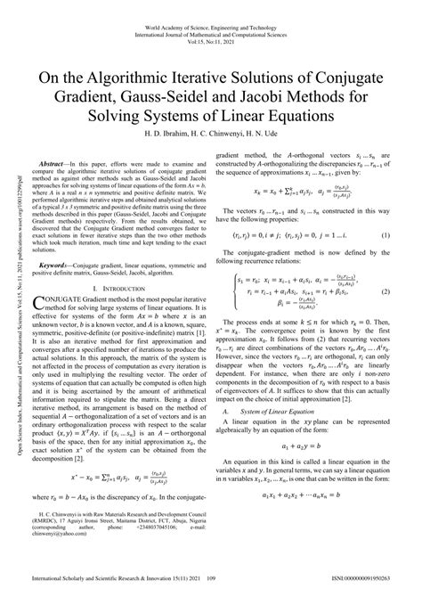 Pdf On The Algorithmic Iterative Solutions Of Conjugate Gradient