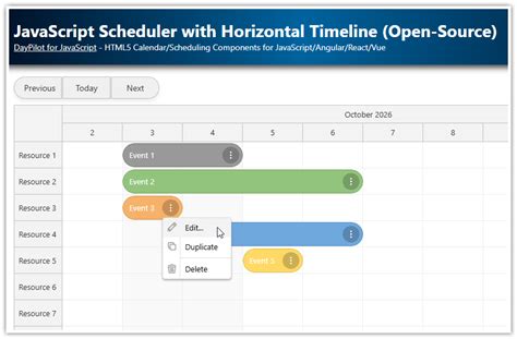 Javascript Scheduler With Horizontal Timeline Open Source Daypilot Code