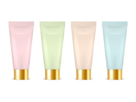 벡터 3d 현실적인 플라스틱 금속 핑크 그린 베이지 블루 치약 크림 튜브 포장 세트 이랑 전면 보기에 대 한 치약 화장품 크림 치약의 고립 된 디자인 서식 파일 프리미엄 벡터