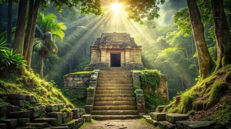 Forced Perspective Mayan Temple In Jungle With Stone Steps Open Doorway