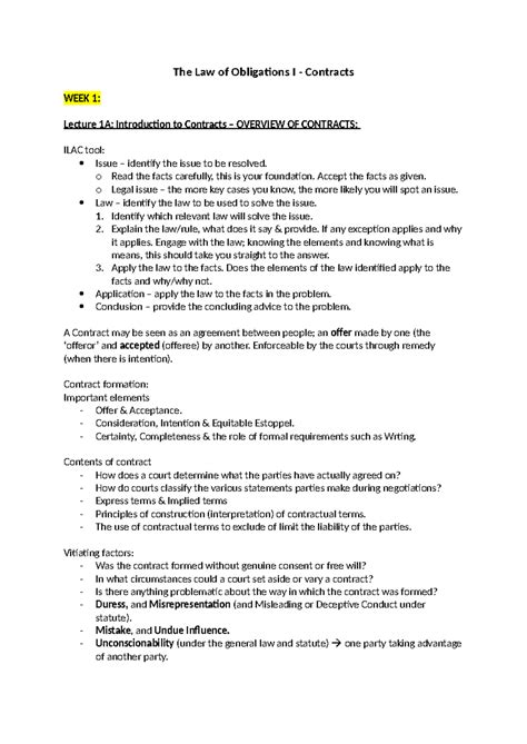 Contracts Lecture The Law Of Obligations I Contracts Week 1 Lecture 1a Introduction To
