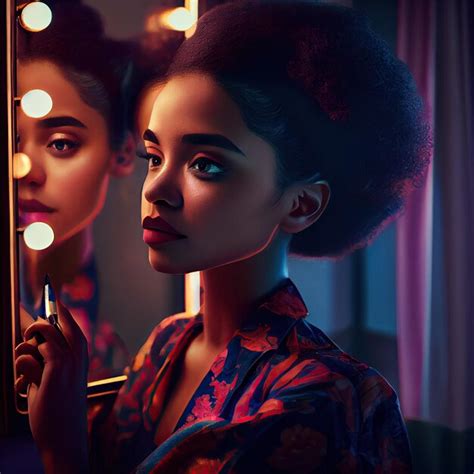 Premium Photo A Woman Looking At Herself In A Mirror With Makeup