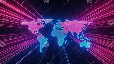 Vibrant Neon World Map With Dynamic Light Trails Representing Global Connectivity And Modern
