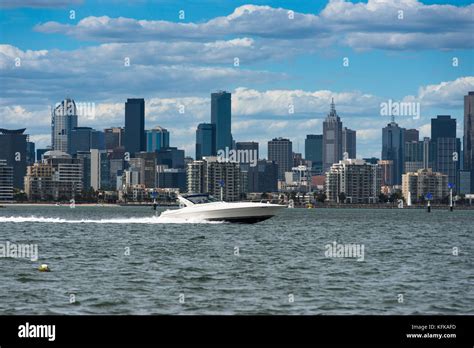 Speedboat On Port Phillip Bay Near Williamstown With Melbourne City