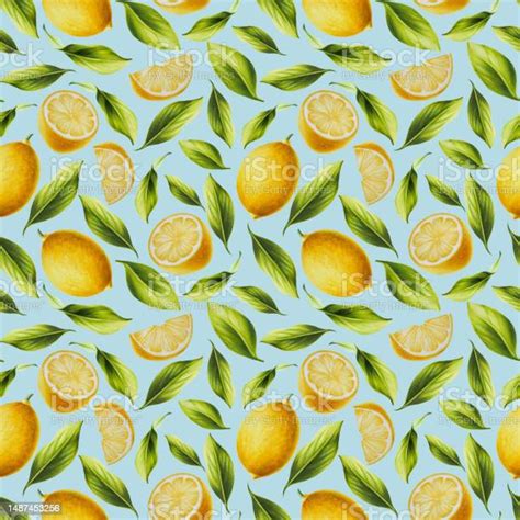 밝은 녹색 잎과 꽃이 있는 신선한 익은 레몬이 있는 수채화 매끄러운 패턴 손으로 그린 컷 감귤류 슬라이스는 흰색 배경에 그림을 그립니다 디자이너 엽서 파티 초대장 포장지