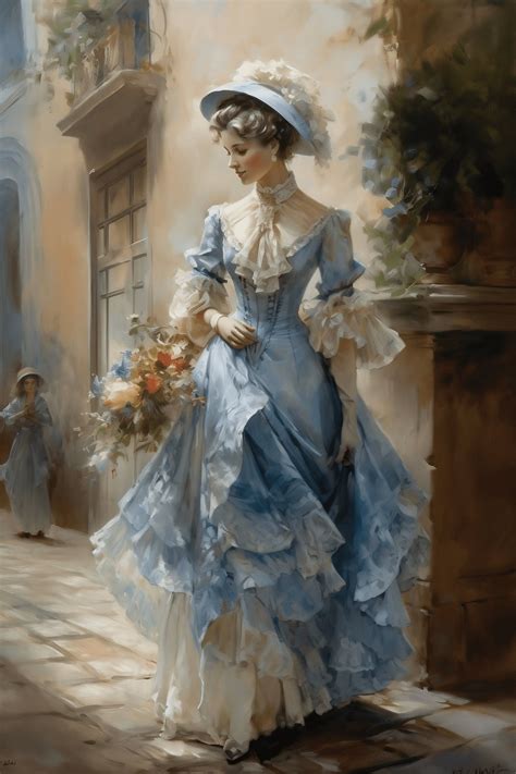 Elegante Pintura Vintage De Una Mujer Con Un Vestido Largo Azul Y Un Sombrero Impresión De Arte