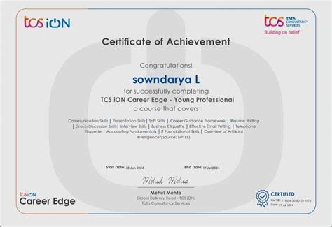 Sowndarya L On Linkedin Tcsion Careeredge Certifiedprofessional