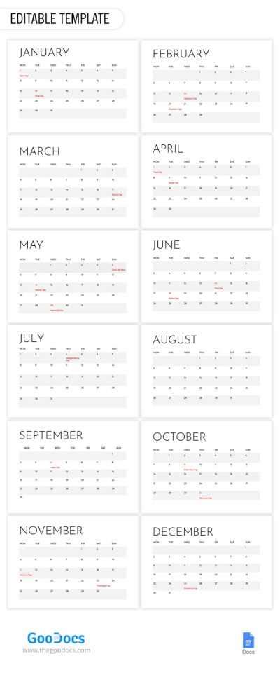 One Page Yearly Calendar Template For Easy Planning