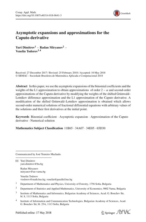 Pdf Asymptotic Expansions And Approximations For The Caputo Derivative