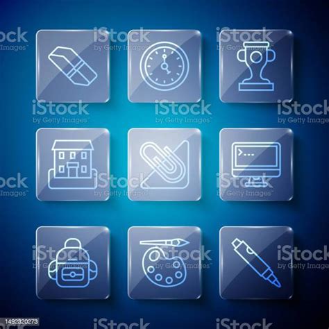 라인 학교 배낭 팔레트가 있는 페인트 브러시 마커 펜 수상 컵 종이 클립 건물 지우개 또는 고무 및 컴퓨터 모니터 아이콘을 설정합니다 벡터 가방에 대한 스톡 벡터 아트 및