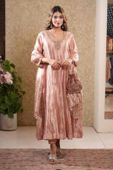 Buy Peach Tissue Embroidery V Neck Anarkali Set For Women By Sonali