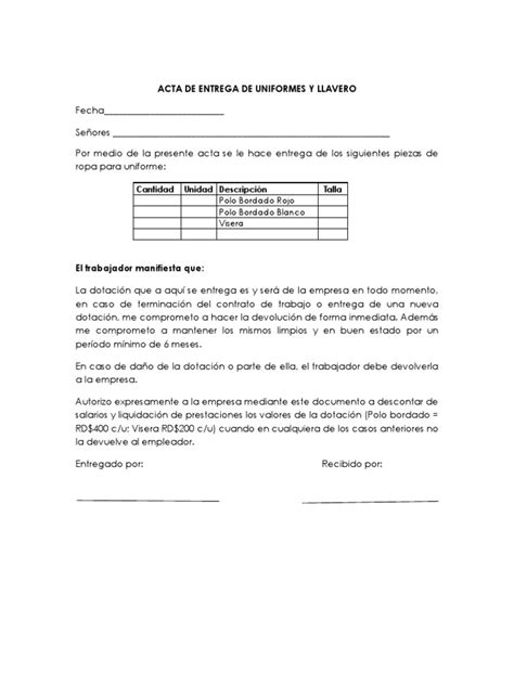 Acta De Entrega De Uniformes Pdf