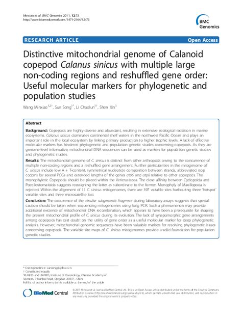 Pdf Distinctive Mitochondrial Genome Of Calanoid Copepod Calanus Sinicus With Multiple Large