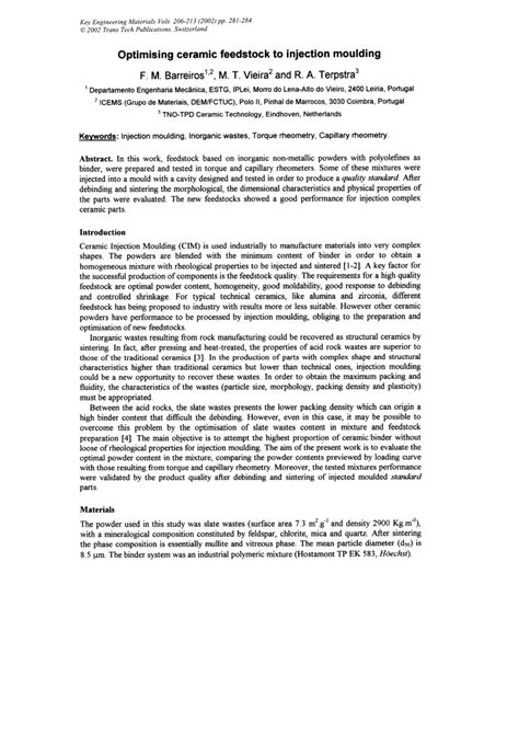 Pdf Optimising Ceramic Feedstock To Injection Moulding