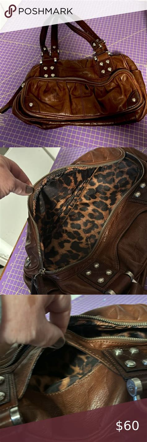 B Makowsky Leather Bag Fully Lined Leopard Print Silver Heavy Duty