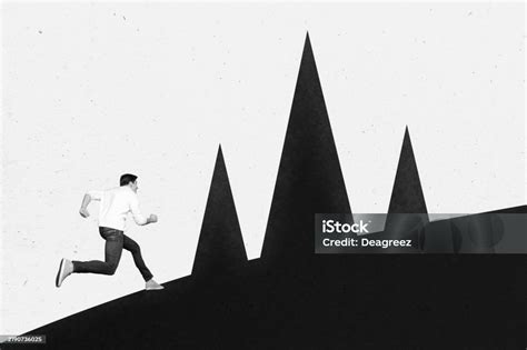 크리 에이 티브 콜라주 그림 그림 흑백 효과 흥분 행복 빠른 젊은 남자 실행 점프 목표 동기 산 장애물 개발에 대한 스톡 사진 및 기타 이미지 Istock