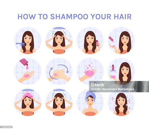 젊은 갈색 머리 고립 된 여자의 세트는 샤워 아래 자신의 머리를 씻어 샴푸 수건을 사용합니다 Steps깨끗한 머리 샴푸로 머리를 씻는 방법 Circle플랫 컬러 만화 스타일