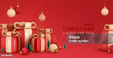 메리 크리스마스와 새해 복 많이 받으세요 베이지 색 활이있는 빨간 선물 상자 더미 장식용 공 보블 녹색 소나무 건네기 휴일 배너 웹 포스터 인사말 카드 벡터 일러스트 레이