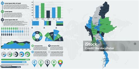 인포그래픽 요소가 있는 상세한 미얀마 지도 벡터 그림입니다 0명에 대한 스톡 벡터 아트 및 기타 이미지 0명 경제 그래프