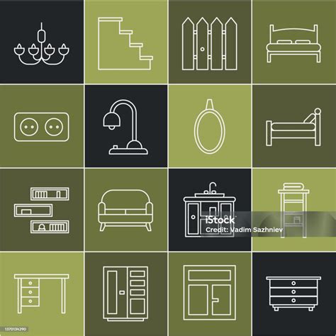 서랍의 세트 라인 가슴 수건 침대 정원 울타리 나무 테이블 램프 전기 콘센트 샹들리에와 거울 아이콘선반 욕실 랙 벡터 가구에