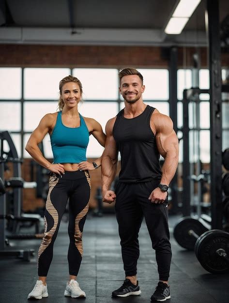 A Man And A Woman Posing In A Gym With The Words Quot Personal Trainer Quot Premium Ai