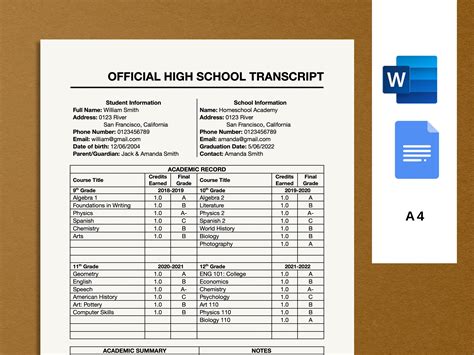 Printable High School Transcript Template Homeschool Transcript