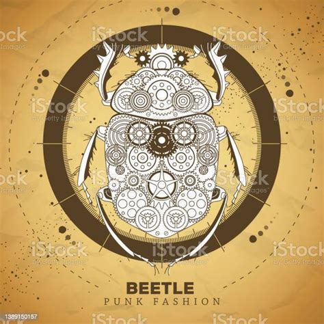 오래된 종이 질감 배경에 기어가 있는 풍뎅이 딱정벌레 실루엣 펑크 스타일 벡터 일러스트레이션 곤충에 대한 스톡 벡터 아트 및 기타 이미지 Istock
