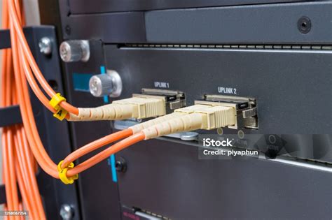 Jaringan Kabel Kabel Serat Optik Terhubung Ke Port Switch Di Ruang Server Manajemen Jaringan
