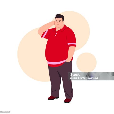 흰색 배경에 고립 된 통통한 남자의 벡터 그림 분홍색 줄무늬가 있는 빨간 티셔츠와 어두운 바지를 입고 이중턱과 큰 배를 가진 슬픈 과체중 남자의 만화 장면 남자에 대한 스톡