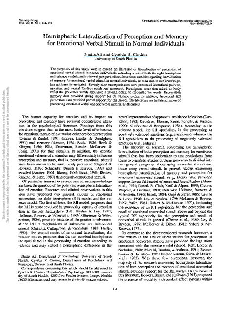 Pdf Hemispheric Lateralization Of Perception And Memory For Emotional Verbal Stimuli In Normal