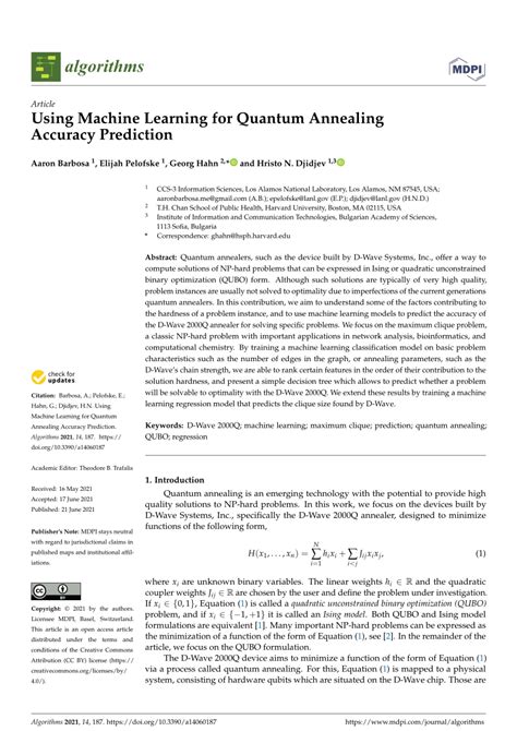 Pdf Using Machine Learning For Quantum Annealing Accuracy Prediction