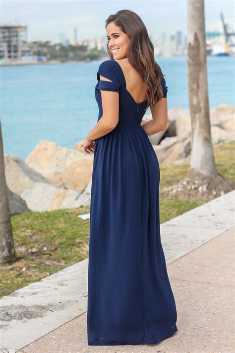 Navy Off Shoulder Maxi Dress Bridesmaid Dresses Saved By The Dress