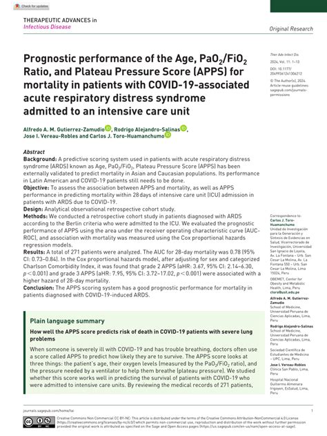 Pdf Prognostic Performance Of The Age Pao2 Fio2 Ratio And Plateau Pressure Score Apps For