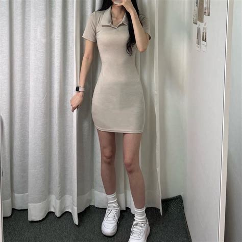 여성 여름 무지 슬림 딱 붙는 면 오픈 카라 반팔 짧은 미니 원피스 3color