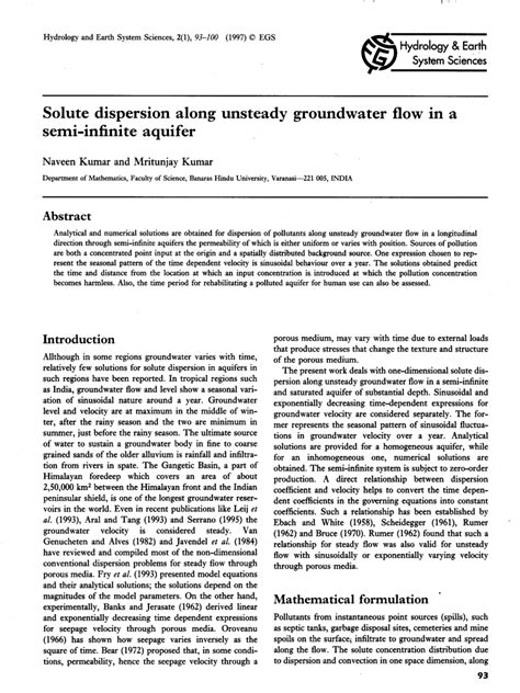Pdf Solute Dispersion Along Unsteady Groundwater Flow In A Semi Infinite Aquifer
