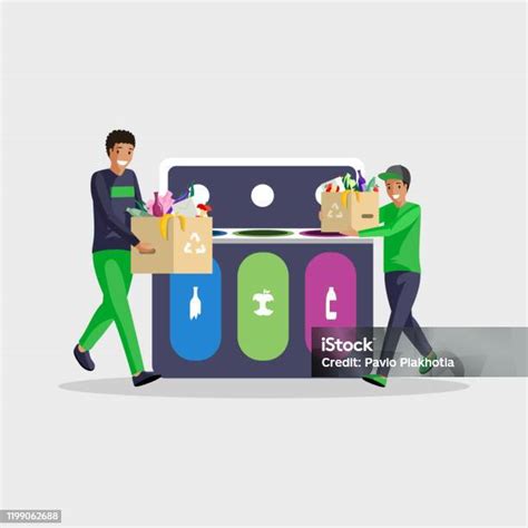 사람들이 폐기물 플랫 컬러 일러스트를 정렬합니다 아프리카 계 미국인 소년 격리 만화 캐릭터 다른 컨테이너에 쓰레기를 분리 친환경