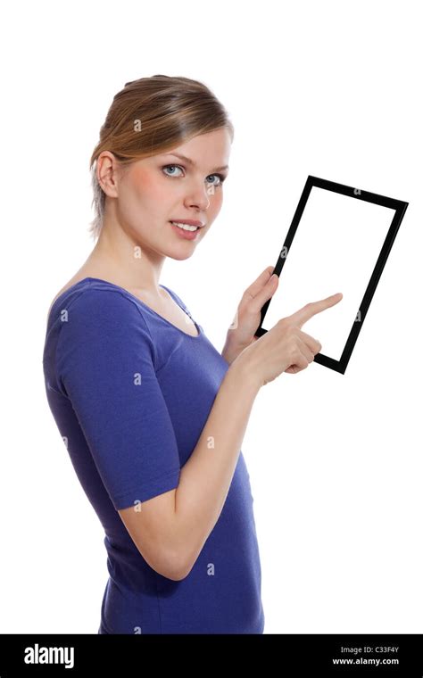Beautiful Woman Holding A Blank Touchpad Pc 1 Finger Touches The Screen You Can Add Whatever