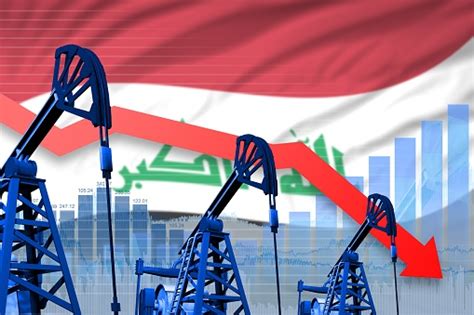 낮추기 이라크 국기 배경에 떨어지는 그래프이라크 석유 산업 또는 시장 개념의 산업 그림 3d 일러스트레이션 0명에 대한 스톡