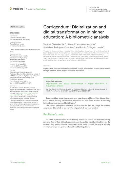 Pdf Corrigendum Digitalization And Digital Transformation In Higher Education A Bibliometric