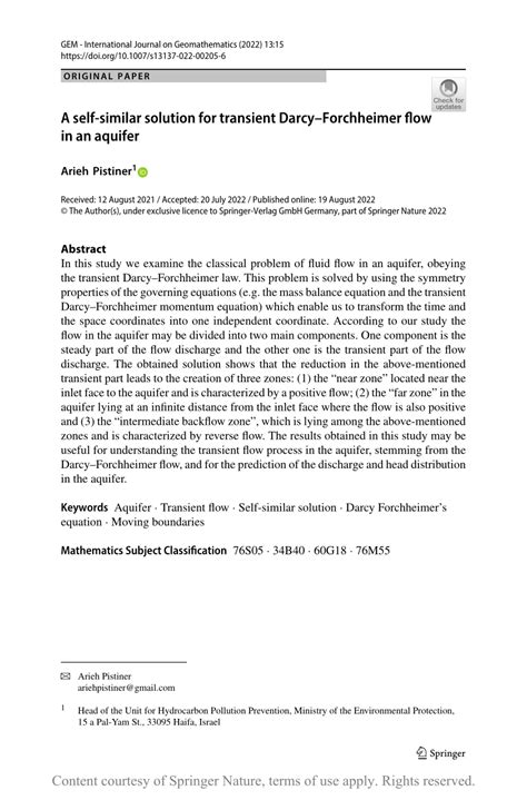 A Self Similar Solution For Transient Darcyforchheimer Flow In An Aquifer Request Pdf