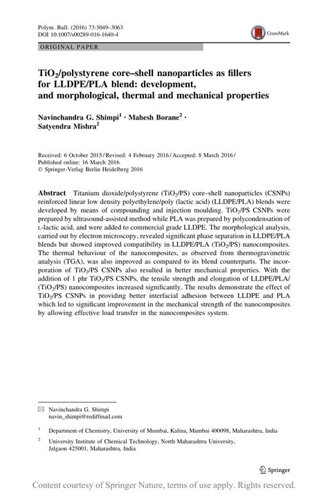 Tio2 Polystyrene Core Shell Nanoparticles As Fillers For Lldpe Pla Blend Development And